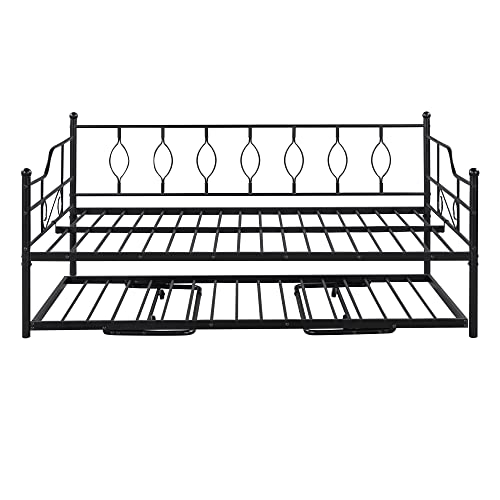 LUSPAZ Full Size Extendable Bed with Pop Up Trundle, Twin to King Daybed with Pull Out Trundle for Adults, Kids