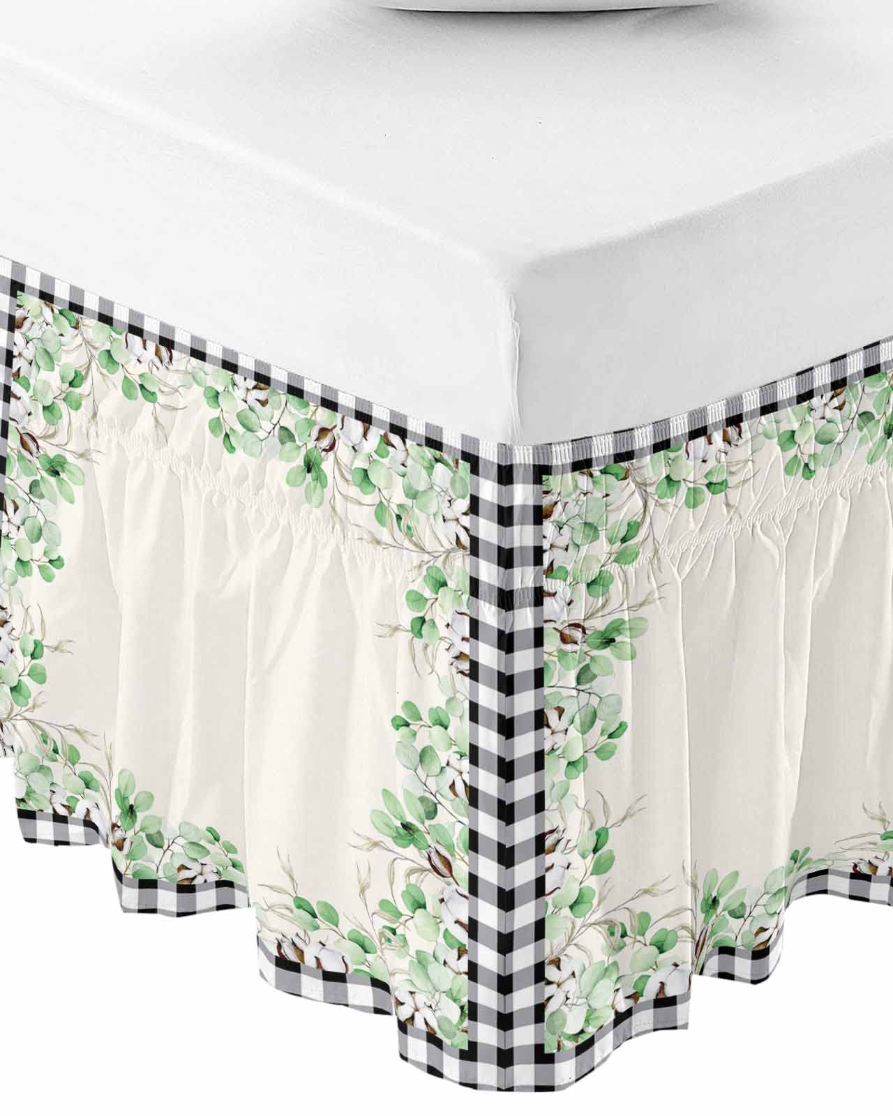 Black and White Buffalo Plaid Bed Skirt King Size 16 Inch Drop,Adjustable & Elastic Wrap Around Bed Skirts Pleated Dust Ruffles for Twin Full Queen Cal King Bed,Spring Leaves Green Watercolor Leaf