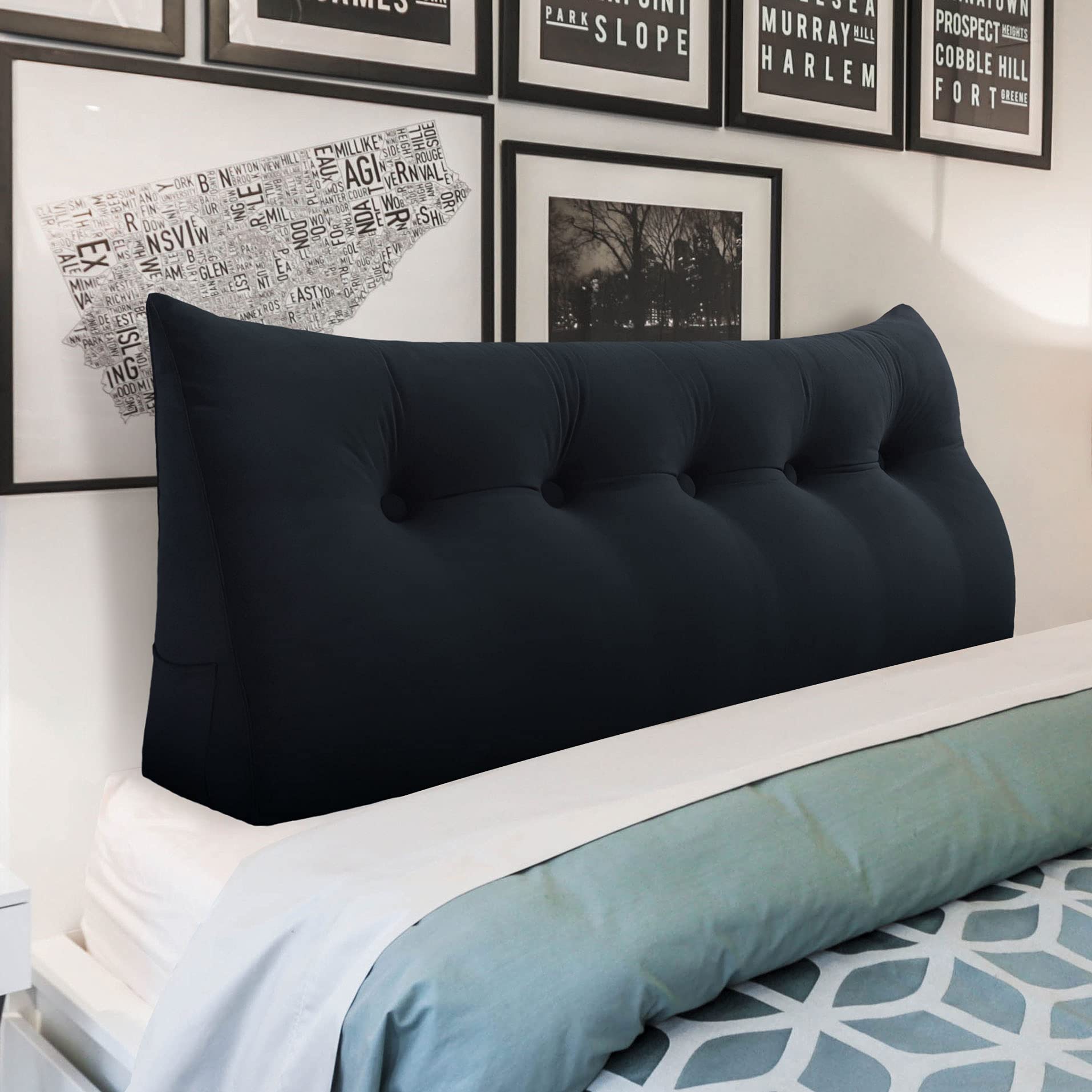 WOWMAX Ergonomics Headboard Pillow for California King Size Bed, Multifunctional Upholstered Headboard Pillows, Triangular Long Wedge Pillow for Wall No Need to Assembly Velvet (100% Cotton) Black