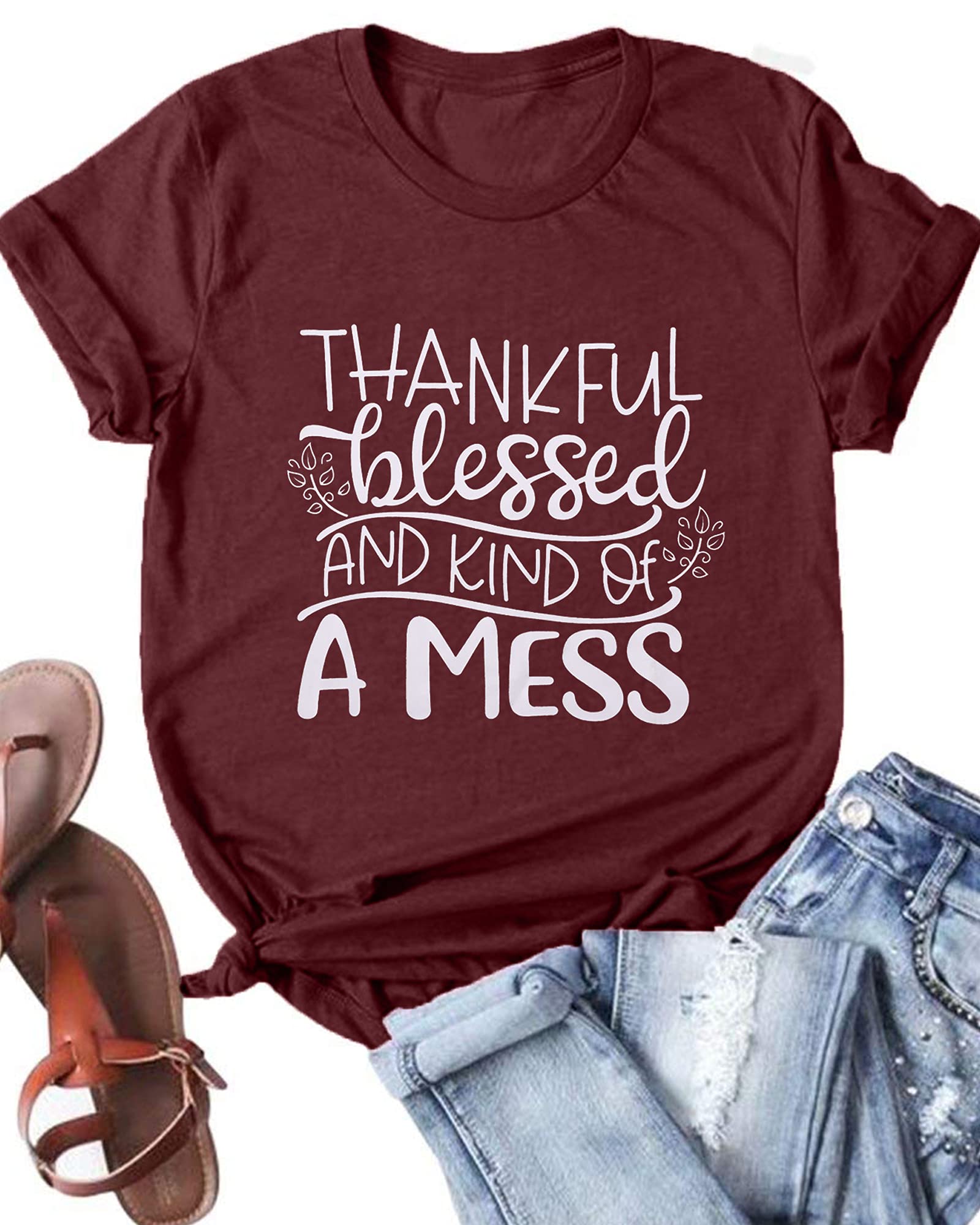 Thankful T Shirt Women Thankful Blessed and Kind of A Mess Shirt Casual Thanksgiving Tops (Red, S)