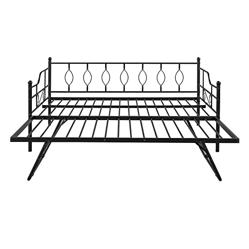 LUSPAZ Full Size Extendable Bed with Pop Up Trundle, Twin to King Daybed with Pull Out Trundle for Adults, Kids