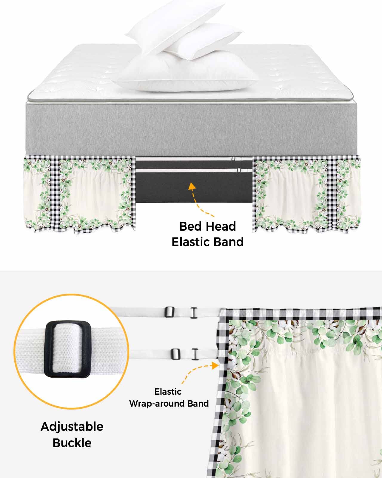 Black and White Buffalo Plaid Bed Skirt King Size 16 Inch Drop,Adjustable & Elastic Wrap Around Bed Skirts Pleated Dust Ruffles for Twin Full Queen Cal King Bed,Spring Leaves Green Watercolor Leaf