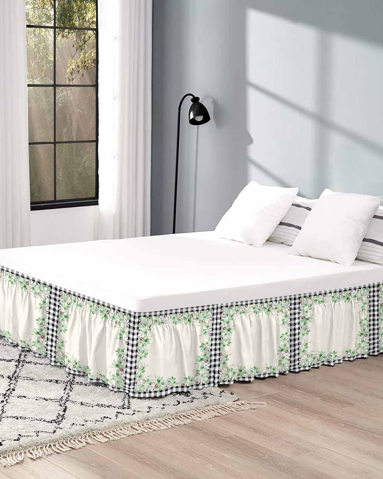 Black and White Buffalo Plaid Bed Skirt King Size 16 Inch Drop,Adjustable & Elastic Wrap Around Bed Skirts Pleated Dust Ruffles for Twin Full Queen Cal King Bed,Spring Leaves Green Watercolor Leaf