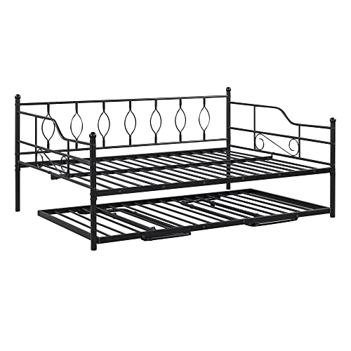 LUSPAZ Full Size Extendable Bed with Pop Up Trundle, Twin to King Daybed with Pull Out Trundle for Adults, Kids