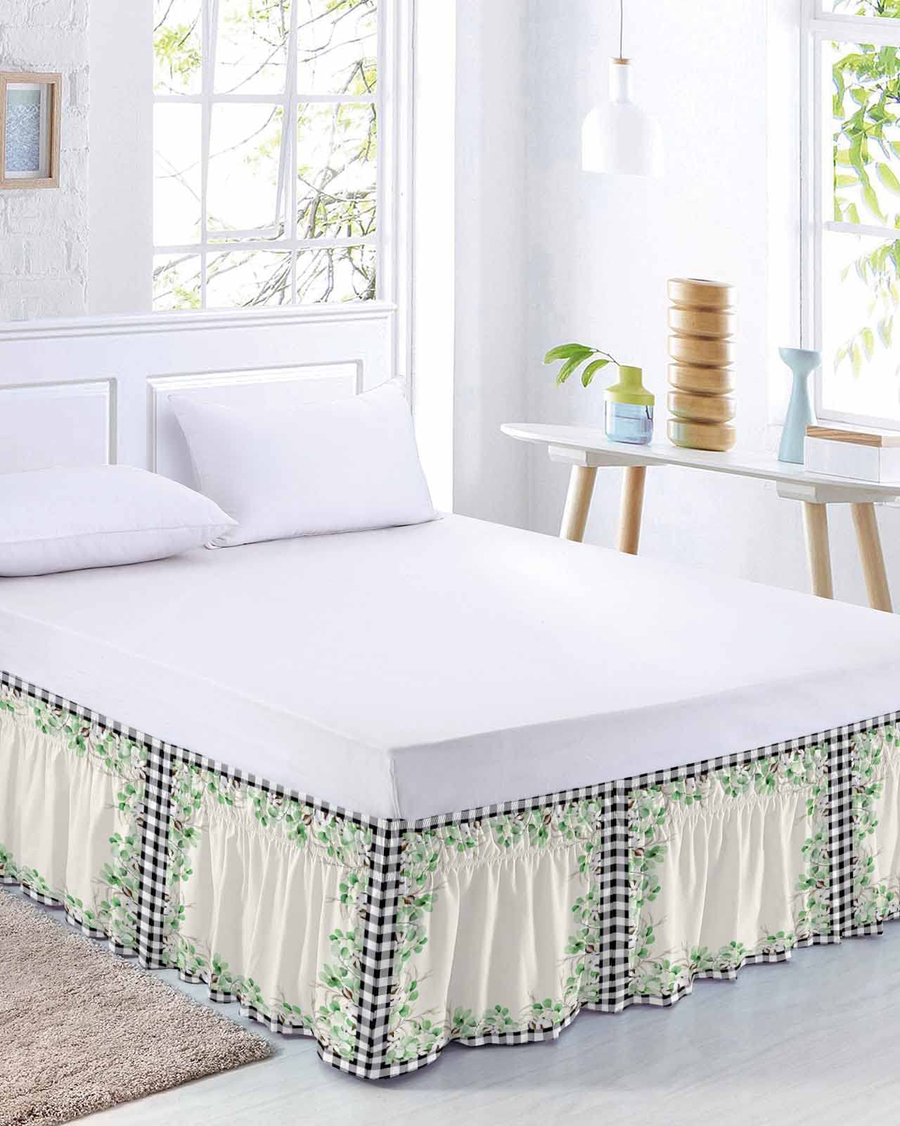 Black and White Buffalo Plaid Bed Skirt King Size 16 Inch Drop,Adjustable & Elastic Wrap Around Bed Skirts Pleated Dust Ruffles for Twin Full Queen Cal King Bed,Spring Leaves Green Watercolor Leaf
