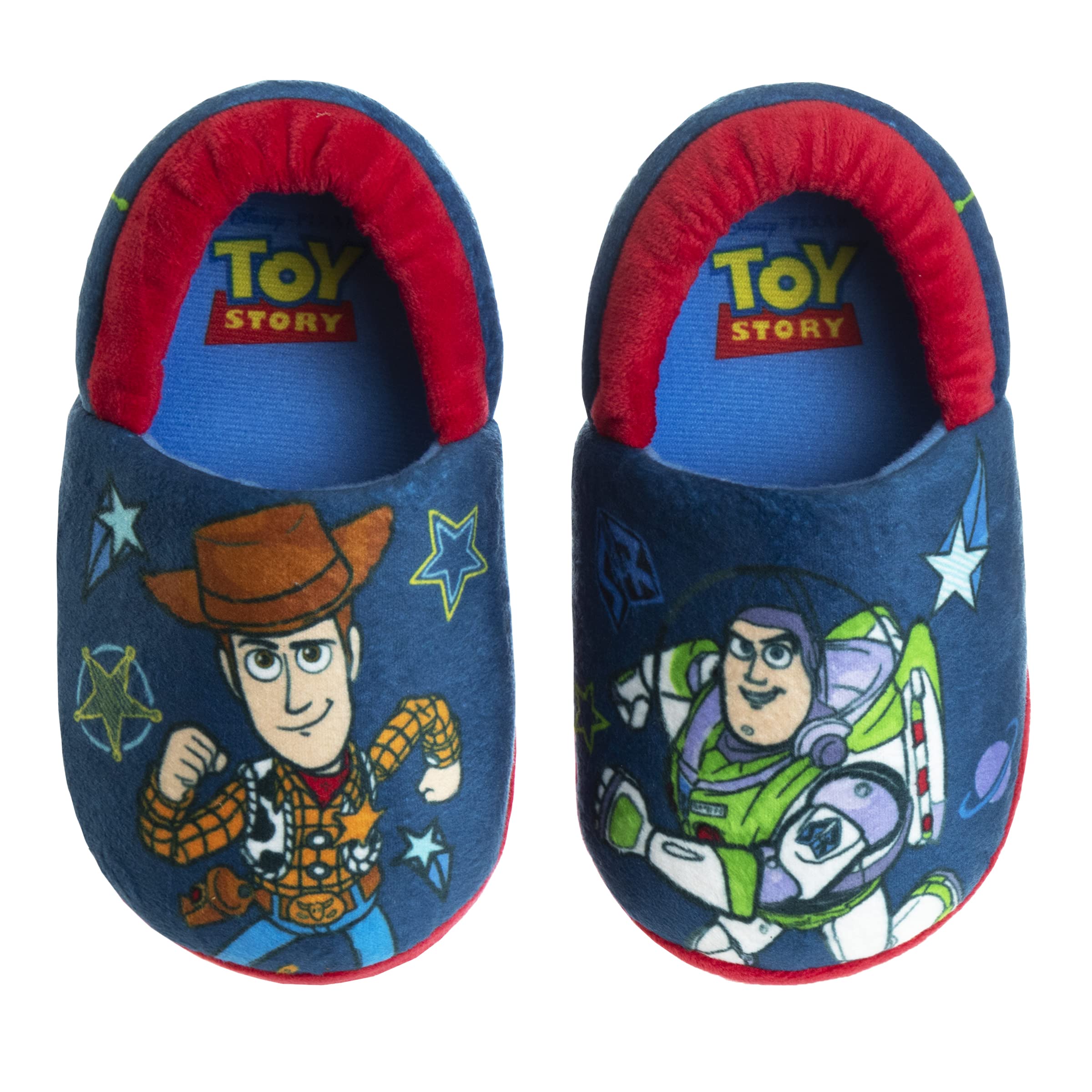 Disney Toy Story Slippers - Buzz Lightyear and Sheriff Woody Fuzzy PJ House Shoes - Boys Pajama Indoor Warm Slipper - Navy Blue/Red (size 5-6 Toddler)