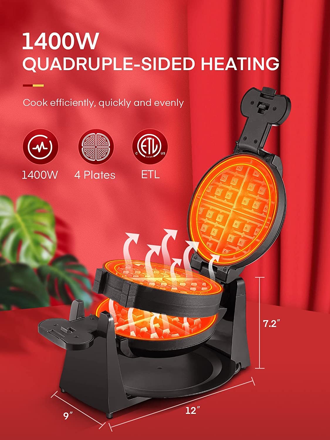 Belgian Waffle Maker Iron 180° Flip Double Waffl and 6qts Popcorn Maker with Detachable & Nonstick Plate
