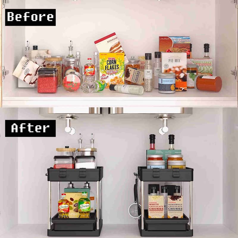 MOUDAO 2 Pack Under Sink Organizers and Storage Bathroom Organizer, 2 Tier Black Under Sink Organizer Cabinet Kitchen Organization Pantry Closet with Pull-Out Drawers, Anti-slip Mats, Hanging Hooks
