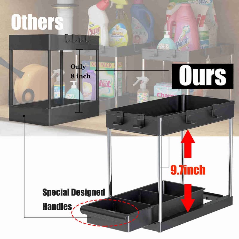 MOUDAO 2 Pack Under Sink Organizers and Storage Bathroom Organizer, 2 Tier Black Under Sink Organizer Cabinet Kitchen Organization Pantry Closet with Pull-Out Drawers, Anti-slip Mats, Hanging Hooks