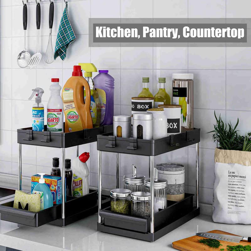 MOUDAO 2 Pack Under Sink Organizers and Storage Bathroom Organizer, 2 Tier Black Under Sink Organizer Cabinet Kitchen Organization Pantry Closet with Pull-Out Drawers, Anti-slip Mats, Hanging Hooks