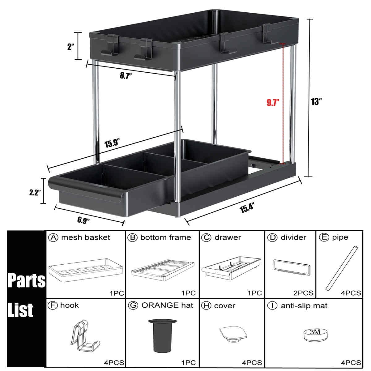 MOUDAO 2 Pack Under Sink Organizers and Storage Bathroom Organizer, 2 Tier Black Under Sink Organizer Cabinet Kitchen Organization Pantry Closet with Pull-Out Drawers, Anti-slip Mats, Hanging Hooks