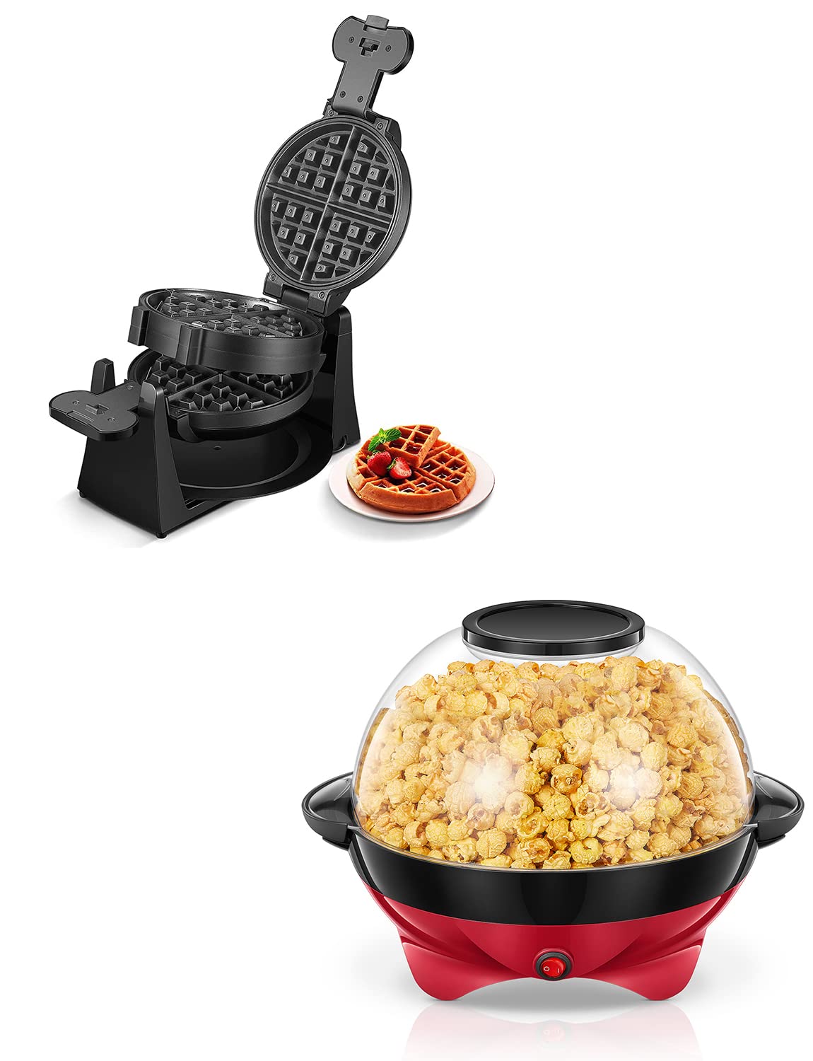 Belgian Waffle Maker Iron 180° Flip Double Waffl and 6qts Popcorn Maker with Detachable & Nonstick Plate