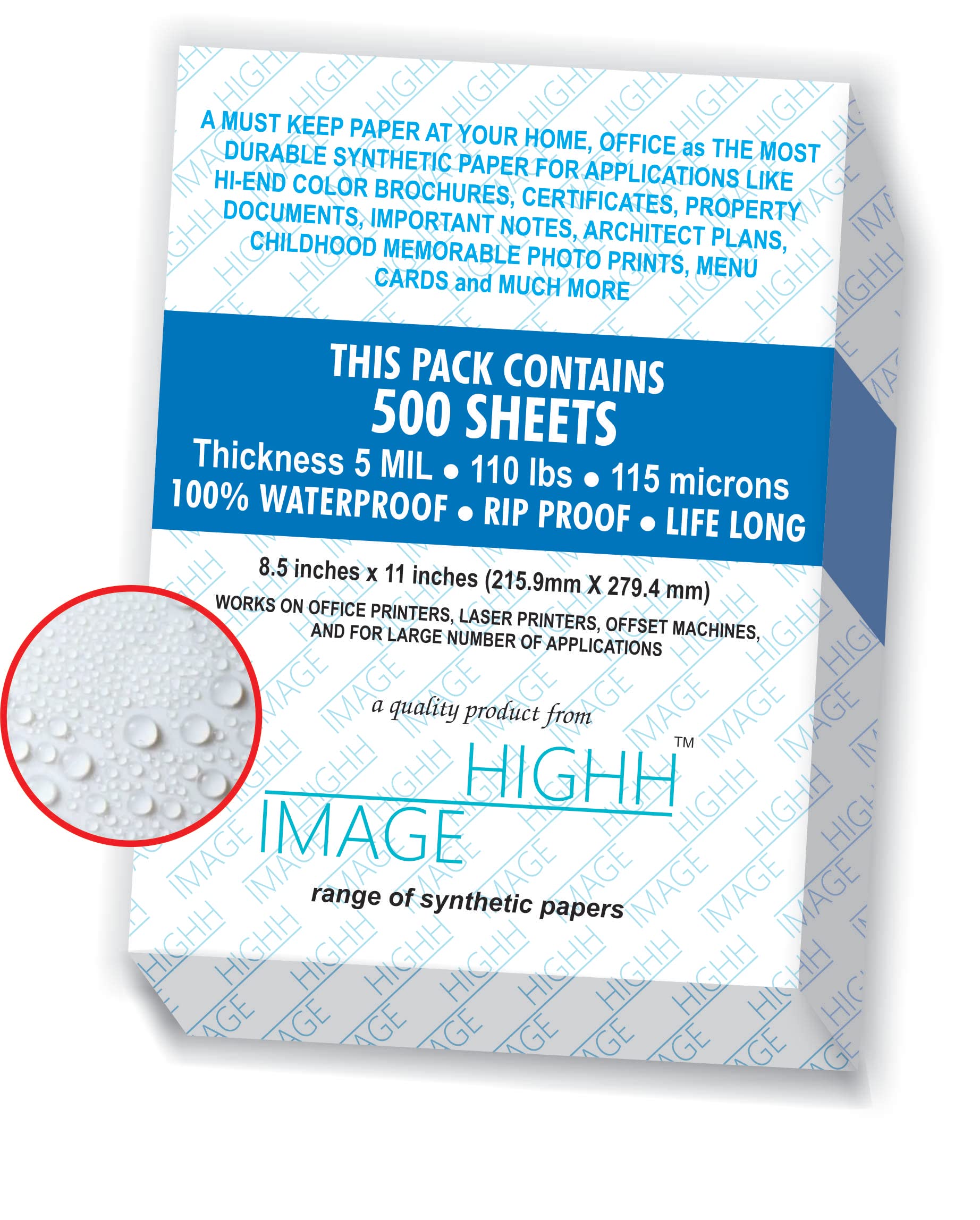 Waterproof Paper | 500 Sheets Bulk Pack Non-Tear Paper for Laser Printers 5 MIL 110 LB, Synthetic Double Sided Paper, 8.5X11 from HIGHH IMAGE | Print with Laser Printers