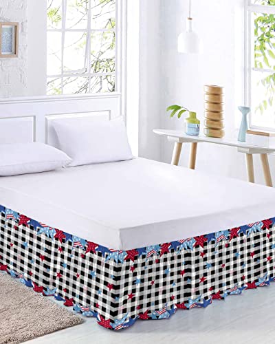 Independence Day Bed Skirt Cal King Size 18 Inch Drop,Adjustable & Elastic Wrap Around Bed Skirts Pleated Luxury Dust Ruffles for Twin Full Queen Cal King Bed,Black Buffao Plaid Freedom Stars Flag