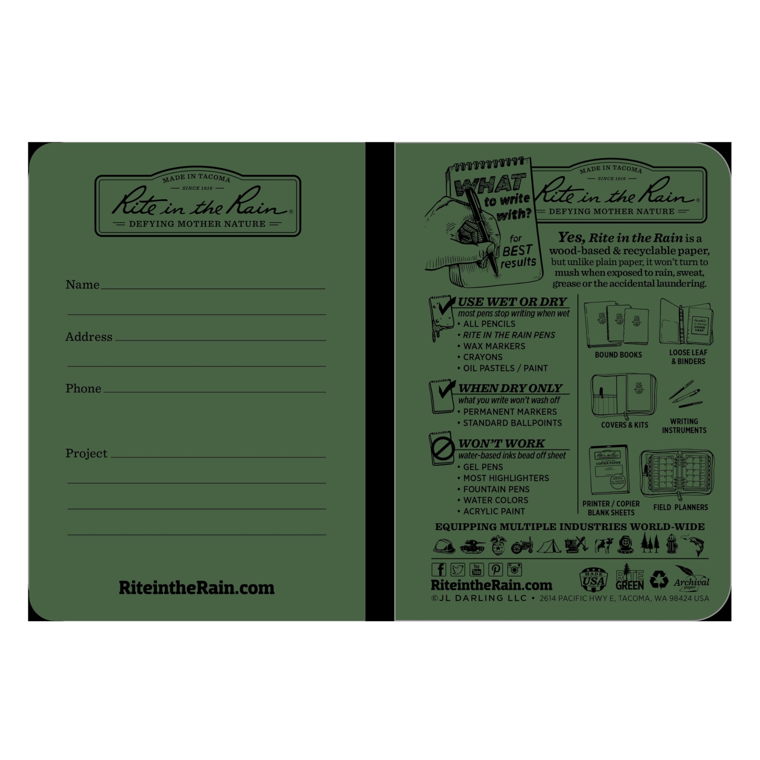 Rite in the Rain Weatherproof Mini-Stapled Notebook, 3 1/4" x 4 5/8", Green Cover, Universal Pattern, 3 Pack (No. 971FX-M), 4.625 x 3.5 x 0.125