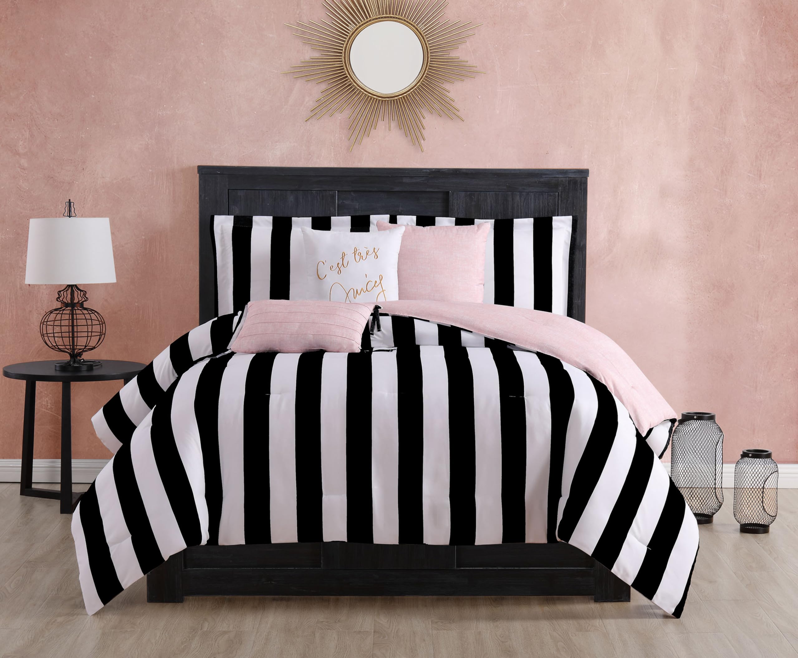Juicy Couture Cabana Stripe Reversible Bedding Set - Queen Size - Black and White Stripe Print β 6 Piece Set β Includes 1 90" x 90" Comforter, 3 Decorative Pillows, 2 Shams
