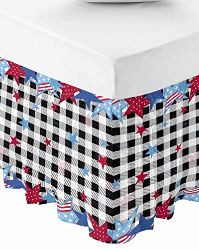Independence Day Bed Skirt Cal King Size 18 Inch Drop,Adjustable & Elastic Wrap Around Bed Skirts Pleated Luxury Dust Ruffles for Twin Full Queen Cal King Bed,Black Buffao Plaid Freedom Stars Flag