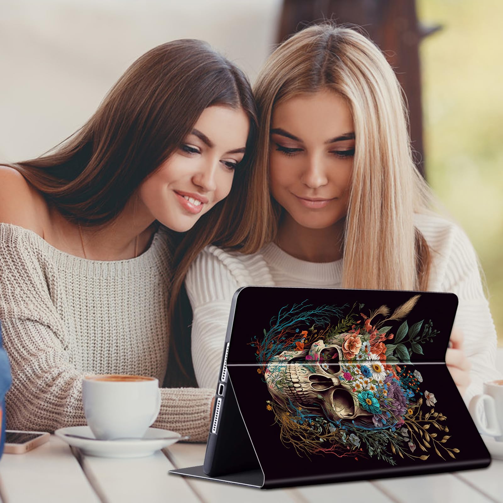 Case for iPad Pro 11 inch 4th/3rd/2nd Generation (2022/2021/2020) Slim PU Leather Multi-Angle Smart Folio Stand Cover with Auto Wake Sleep, Flower Skull Aesthetic