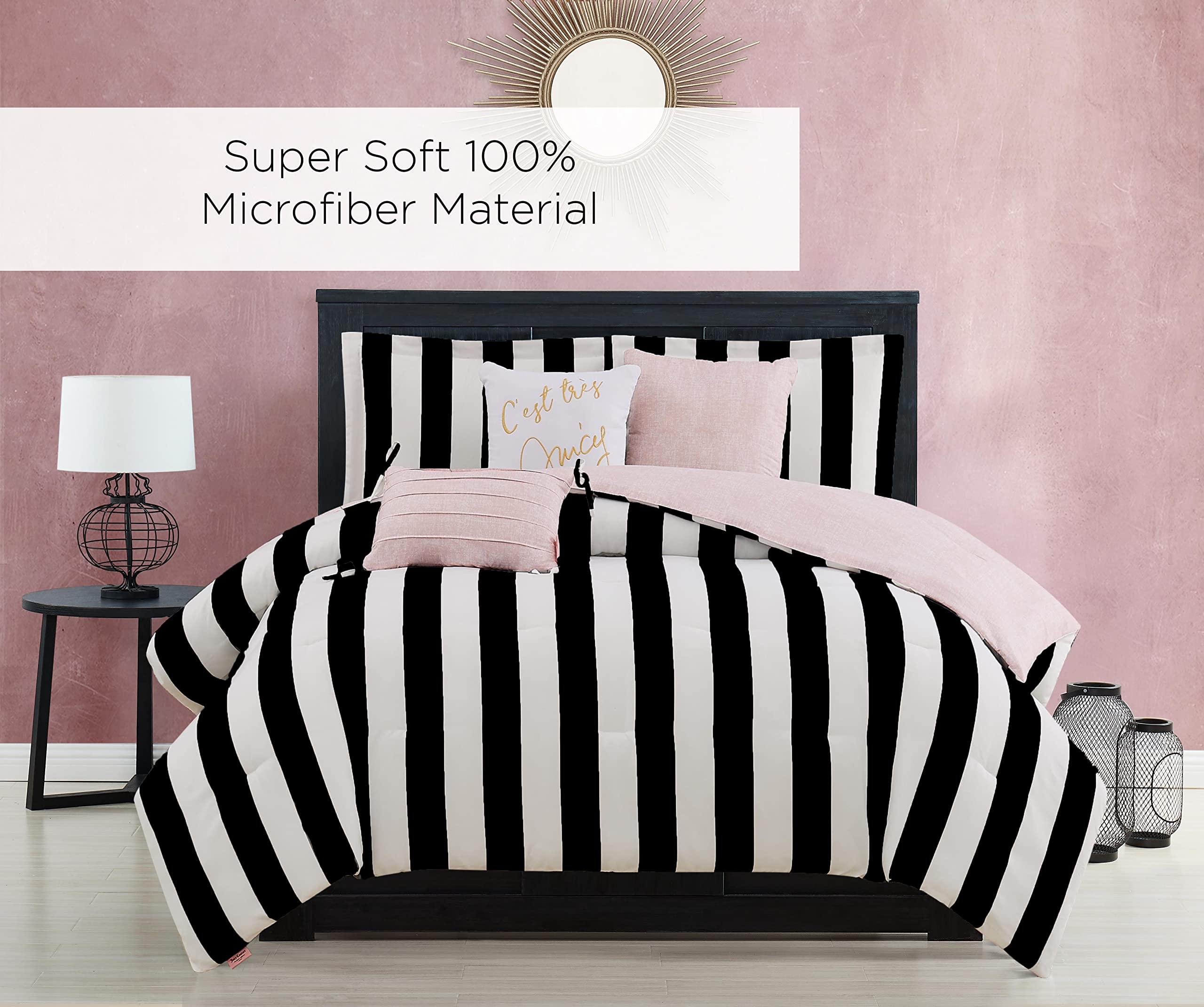 Juicy Couture Cabana Stripe Reversible Bedding Set - Queen Size - Black and White Stripe Print β 6 Piece Set β Includes 1 90" x 90" Comforter, 3 Decorative Pillows, 2 Shams