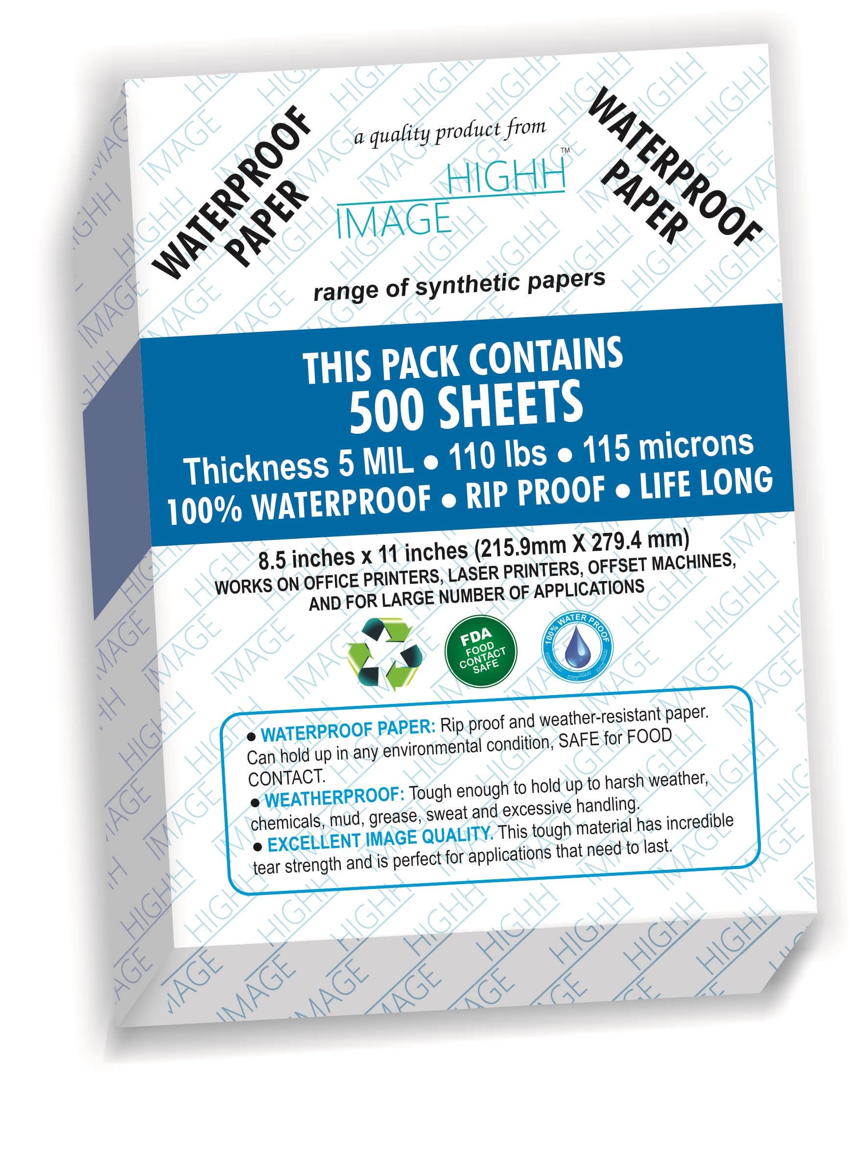 Waterproof Paper | 500 Sheets Bulk Pack Non-Tear Paper for Laser Printers 5 MIL 110 LB, Synthetic Double Sided Paper, 8.5X11 from HIGHH IMAGE | Print with Laser Printers