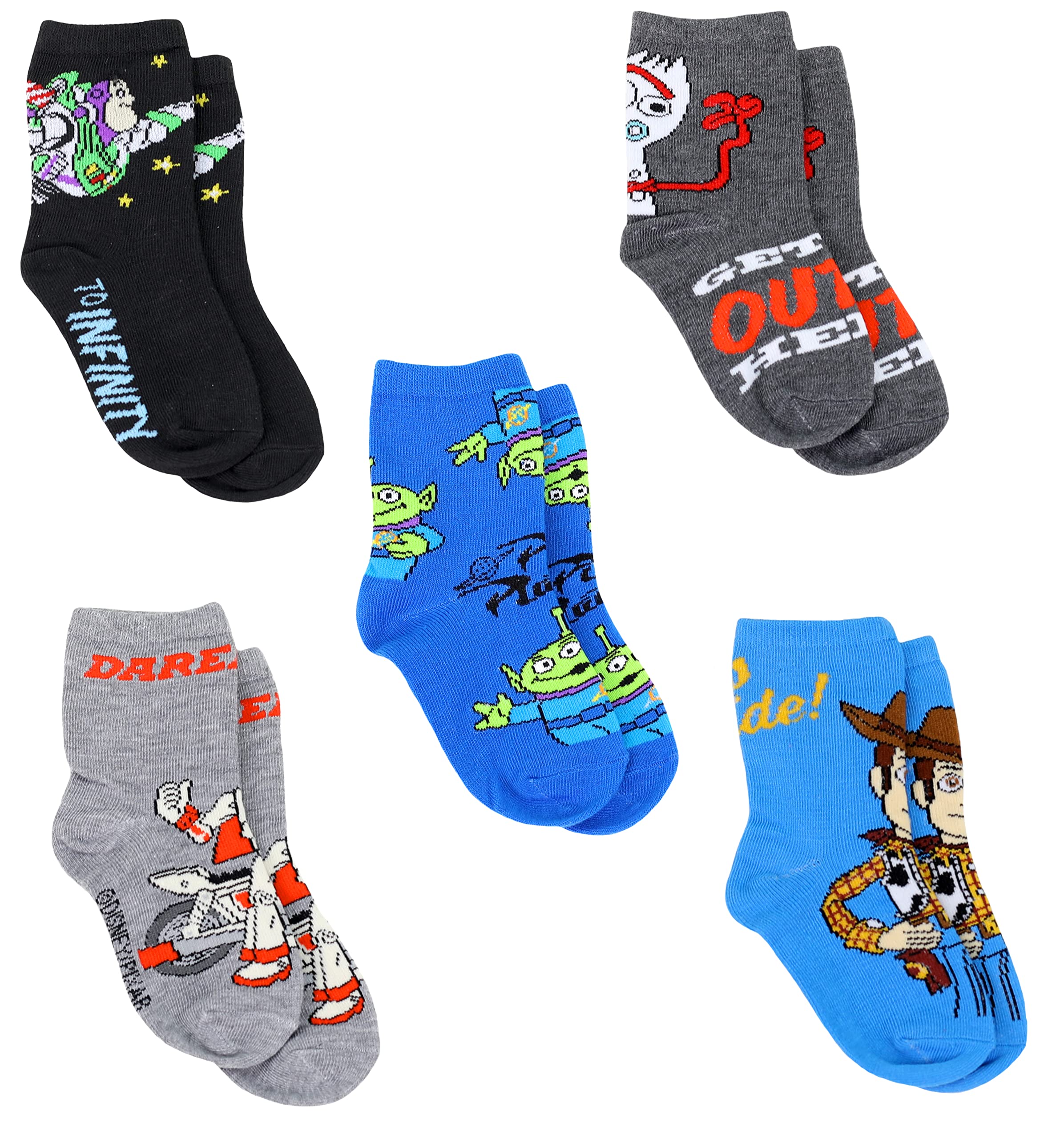 Disney Toy Story Novelty Crew Socks for Boys, Forky Woody Buzz Daredevil Alien Multi Pack of 5, Small