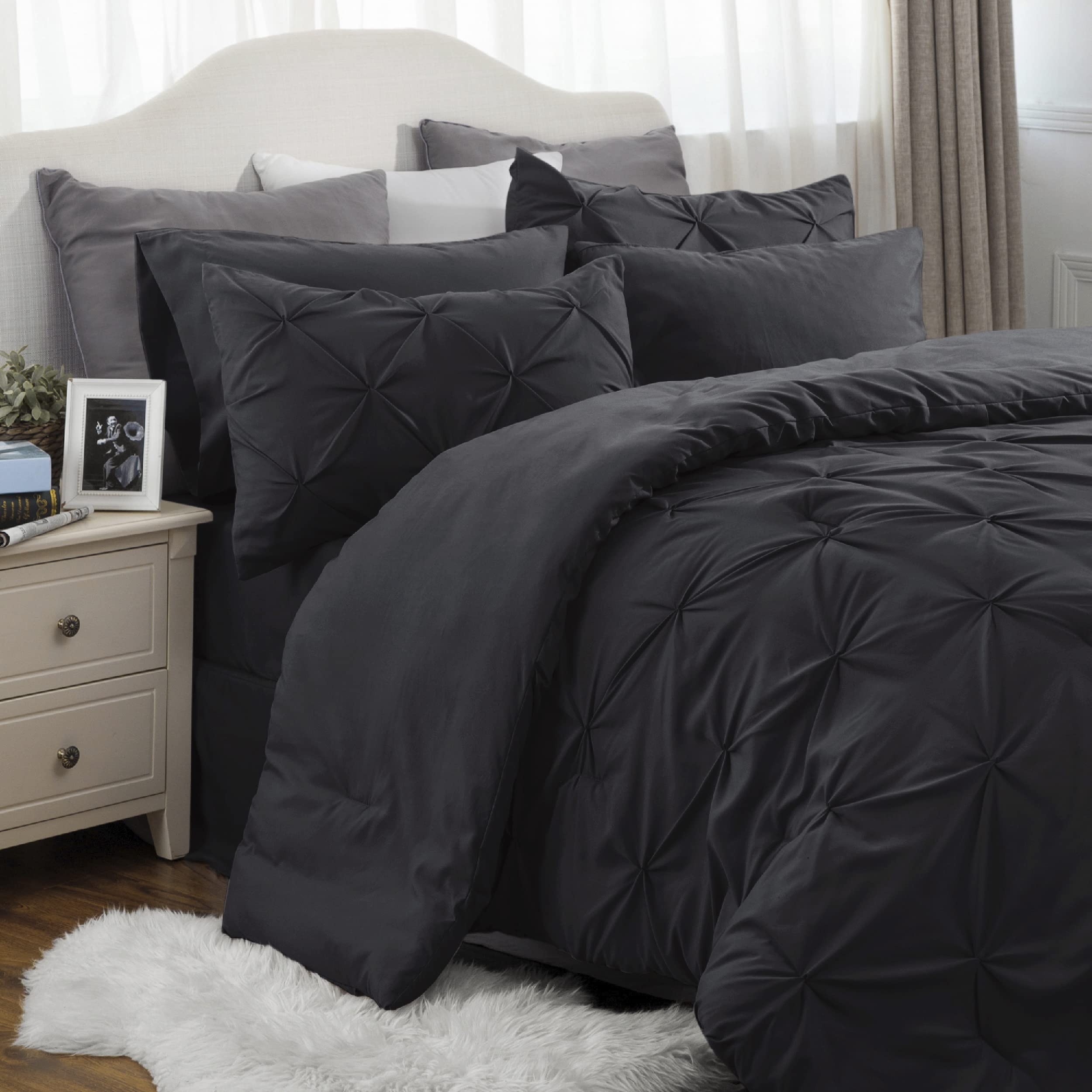 Bedsure Full Comforter Set Black - Bed in a Bag Full Size 7 Pieces, GentleSoft™ Pintuck Bed Set Gift for Family, Pinch Pleat Black Comforter with Sheets, Pillowcases & Shams