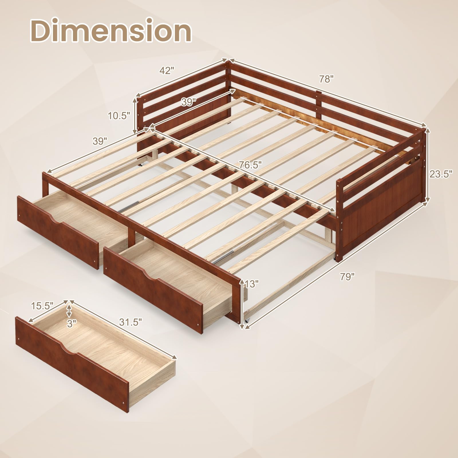 KOMFOTT Wood Daybed with Trundle, Extendable Twin to King Daybed Frame with 2 Storage Drawers, Space Saving Dual-use Sofa Daybed for Bedroom, Guest Room, No Box Spring Required (Walnut)