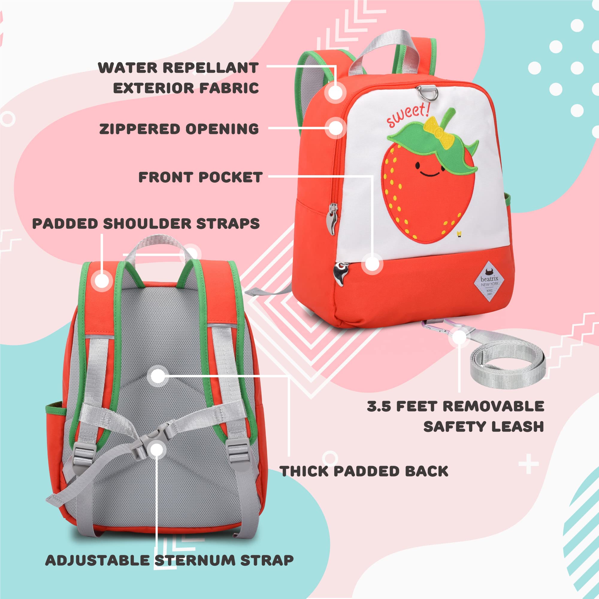 Beatrix New York - Toddler & Kids 11.5" Backpack Bag with Removable Leash for Girls & Boys (STRAWBERRY), Ideal for Preschool & Kindergarten Back to School