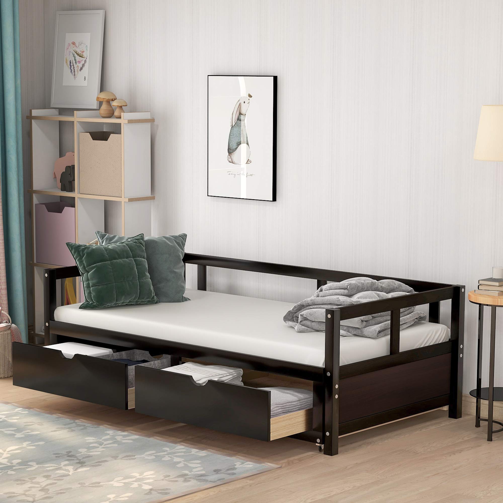 LERFAN Wooden Daybed Extendable Bed with Trundle Bed and Two Storage Drawers, can be Expanded from Twin Size to King Size, 78.2" L x 79" W x 23.2" H Espresso