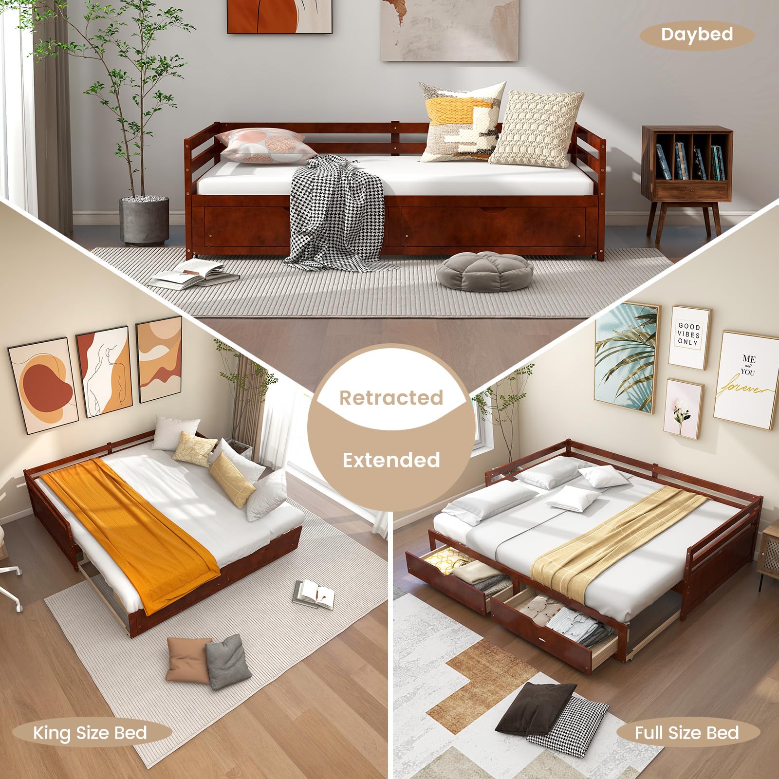 KOMFOTT Wood Daybed with Trundle, Extendable Twin to King Daybed Frame with 2 Storage Drawers, Space Saving Dual-use Sofa Daybed for Bedroom, Guest Room, No Box Spring Required (Walnut)