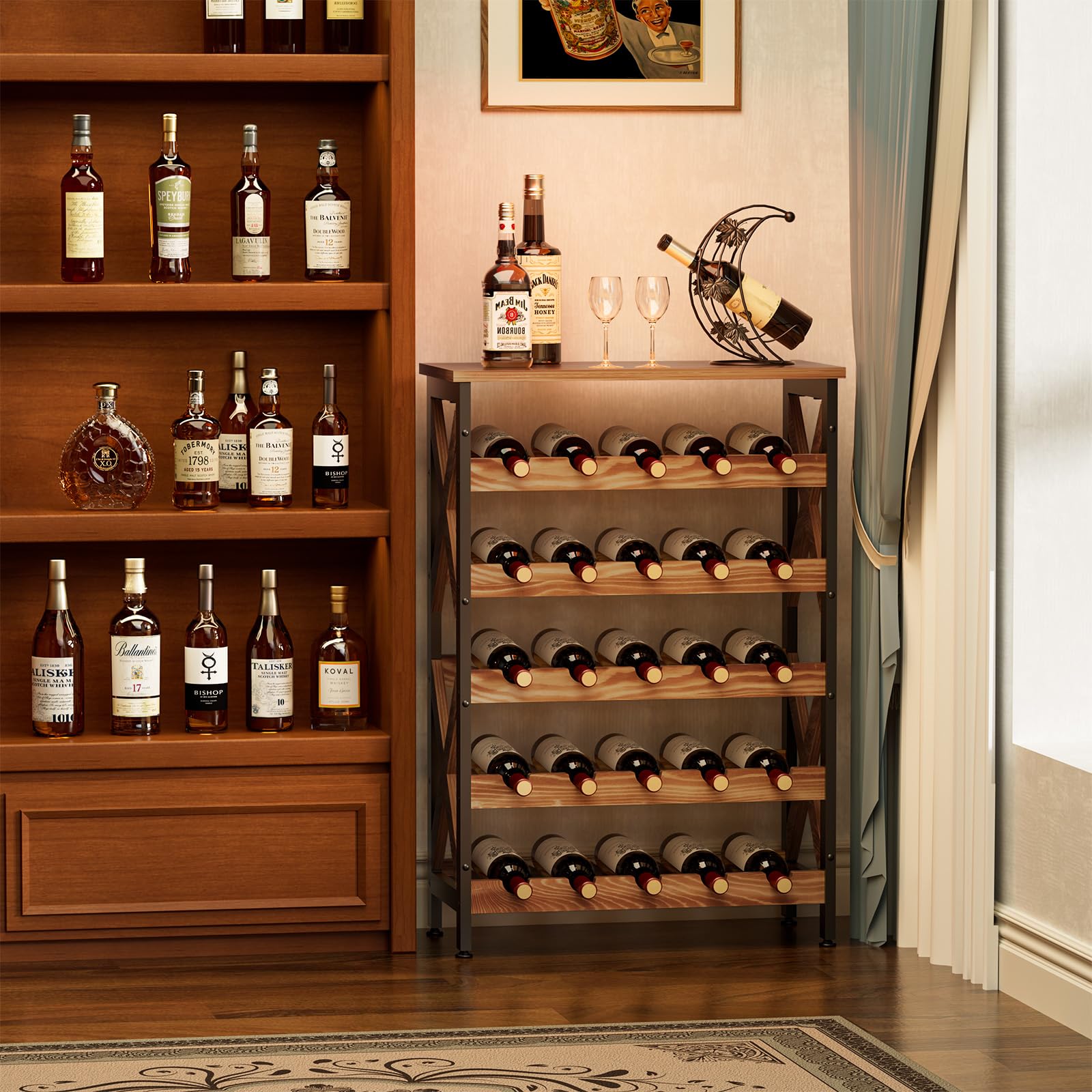 25 Bottle Wine Rack Freestanding Floor Rustic Wine Holder Stand 5 Tier Wobble-Free Tall Wine Racks Wine Large Display Storage Shelf for Cellar Kitchen 21.6''L x 10.6''W x 31.8''H