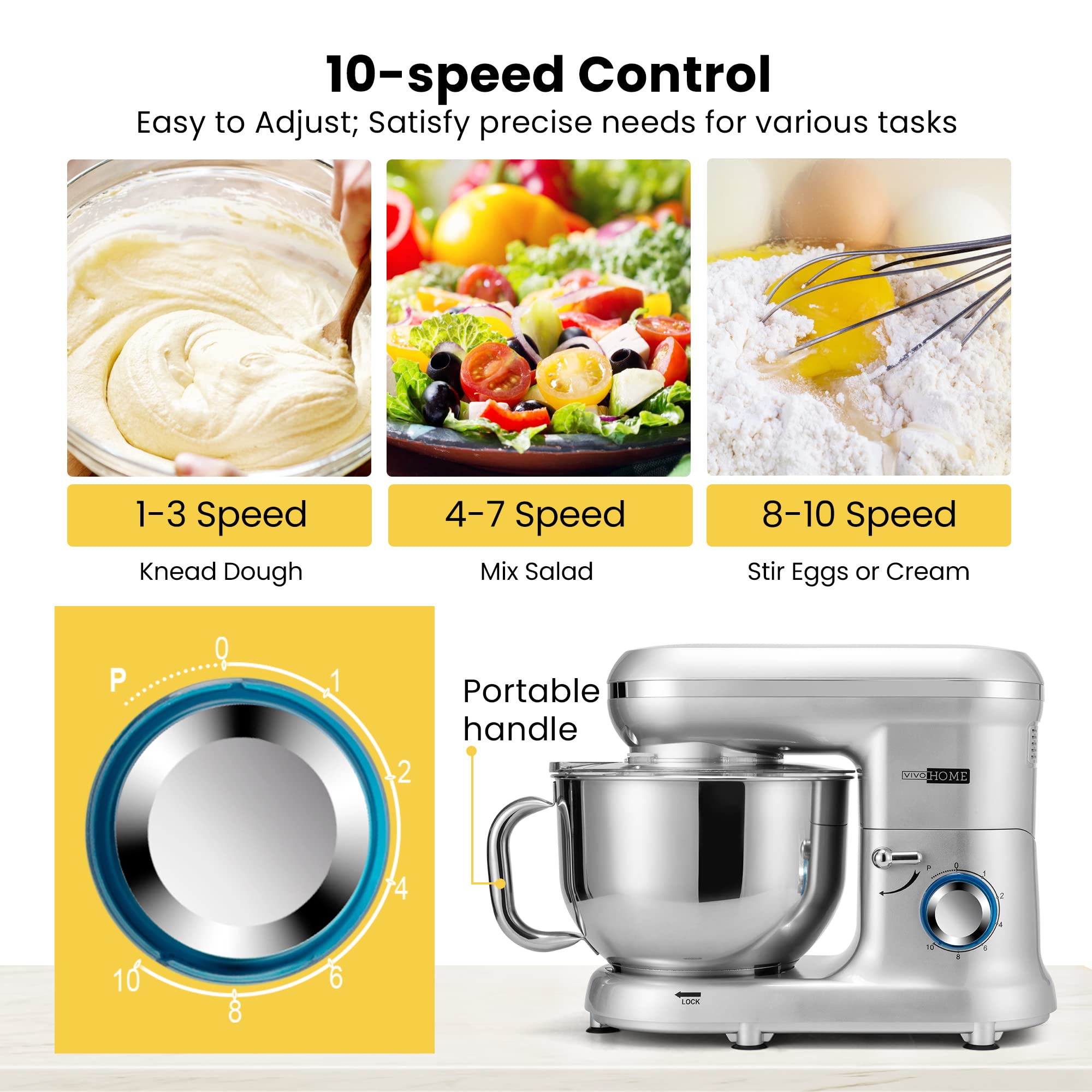 VIVOHOME Stand Mixer, 660W 10 Speed 6 Quart Tilt-Head Kitchen Electric Food Mixer with Beater, Dough Hook, Wire Whip and Egg Separator, Silver