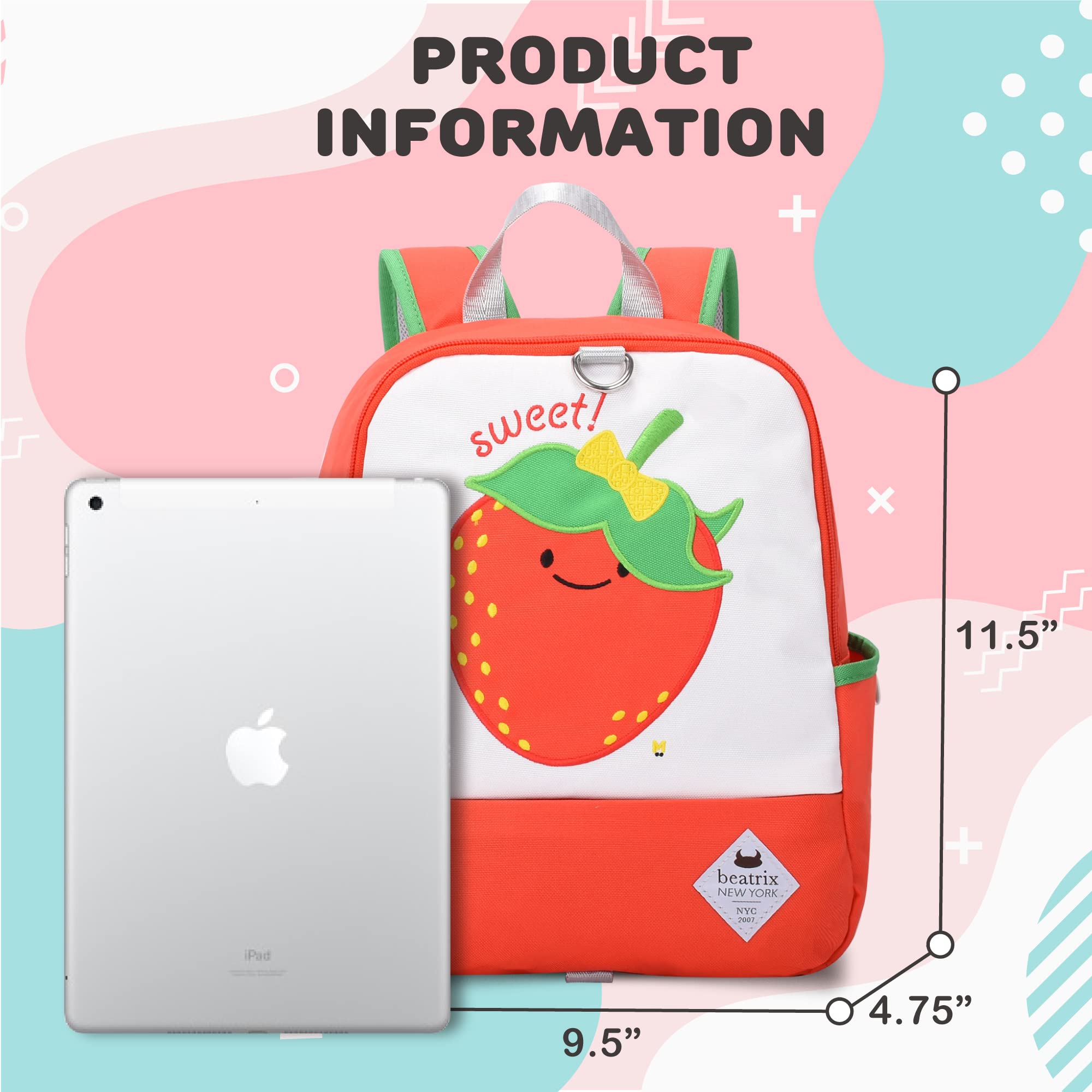 Beatrix New York - Toddler & Kids 11.5" Backpack Bag with Removable Leash for Girls & Boys (STRAWBERRY), Ideal for Preschool & Kindergarten Back to School