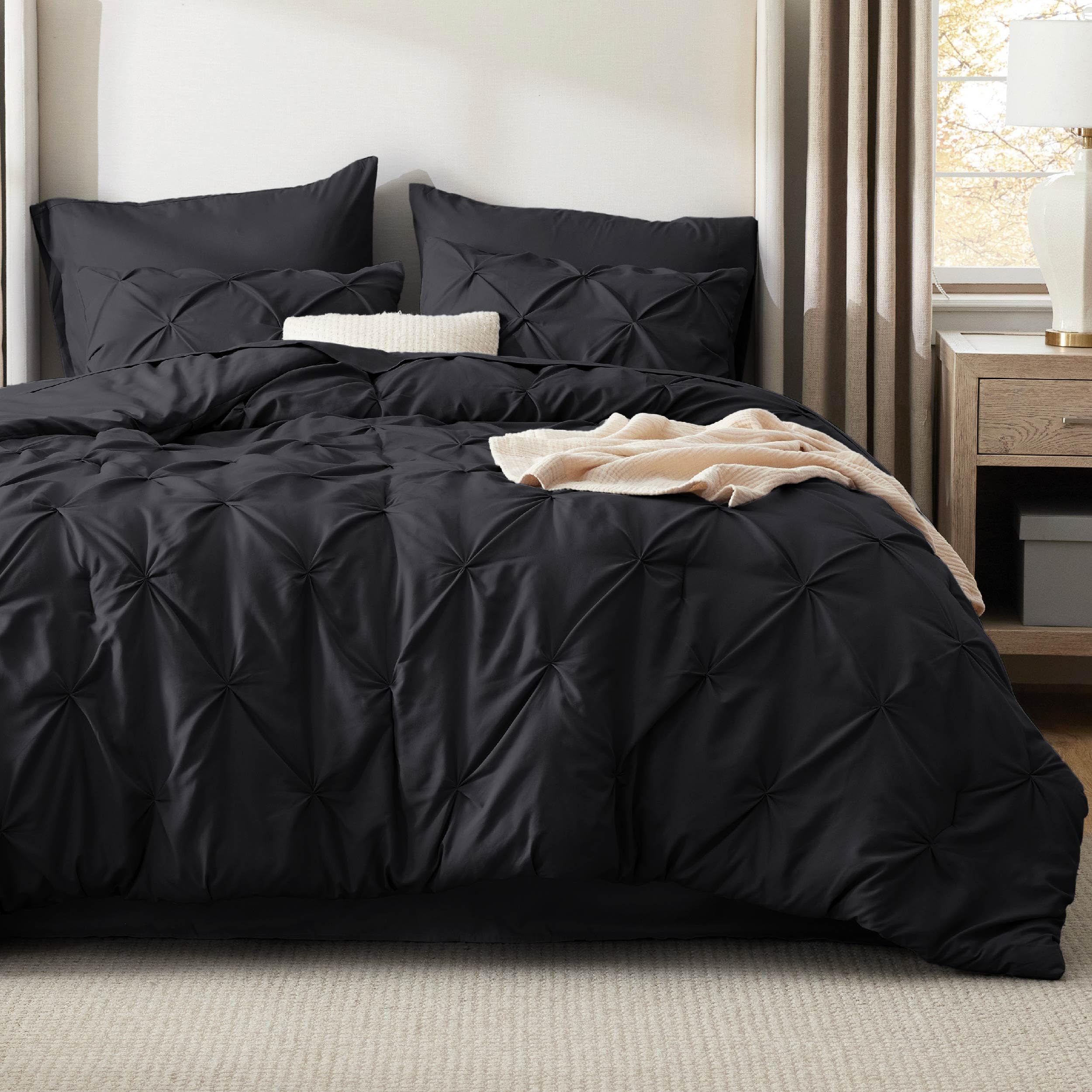 Bedsure Full Comforter Set Black - Bed in a Bag Full Size 7 Pieces, GentleSoft™ Pintuck Bed Set Gift for Family, Pinch Pleat Black Comforter with Sheets, Pillowcases & Shams
