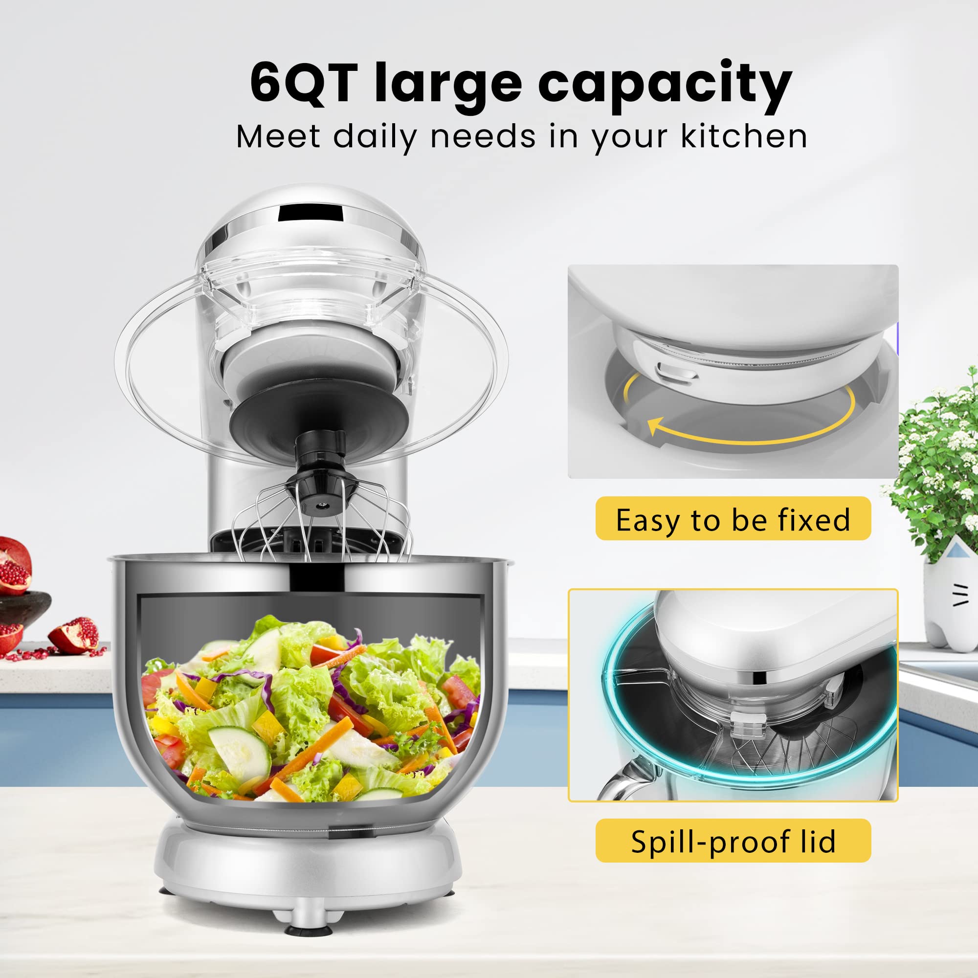 VIVOHOME Stand Mixer, 660W 10 Speed 6 Quart Tilt-Head Kitchen Electric Food Mixer with Beater, Dough Hook, Wire Whip and Egg Separator, Silver