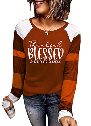 Thankful Blessed and Kind of A Mess Shirt for Women Color Block Fall Top Blouse Thanksgiving T-Shirts (Orange, Small)