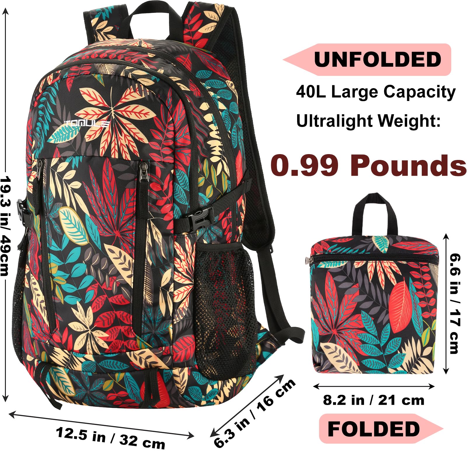TOMULE Camping Hiking Daypacks, 40L Lightweight Packable Hiking Backpack Travel Backpack for Women Men