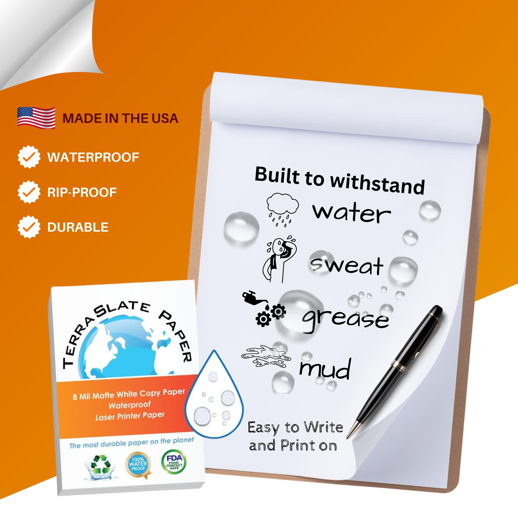 TerraSlate Waterproof Laser Printer Paper β 8 MIL 8.5"x14", 100 Sheets, White β Tear & Smudge Proof, Heavy-Duty for Outdoor Use, Ideal for Printing, Copying & More