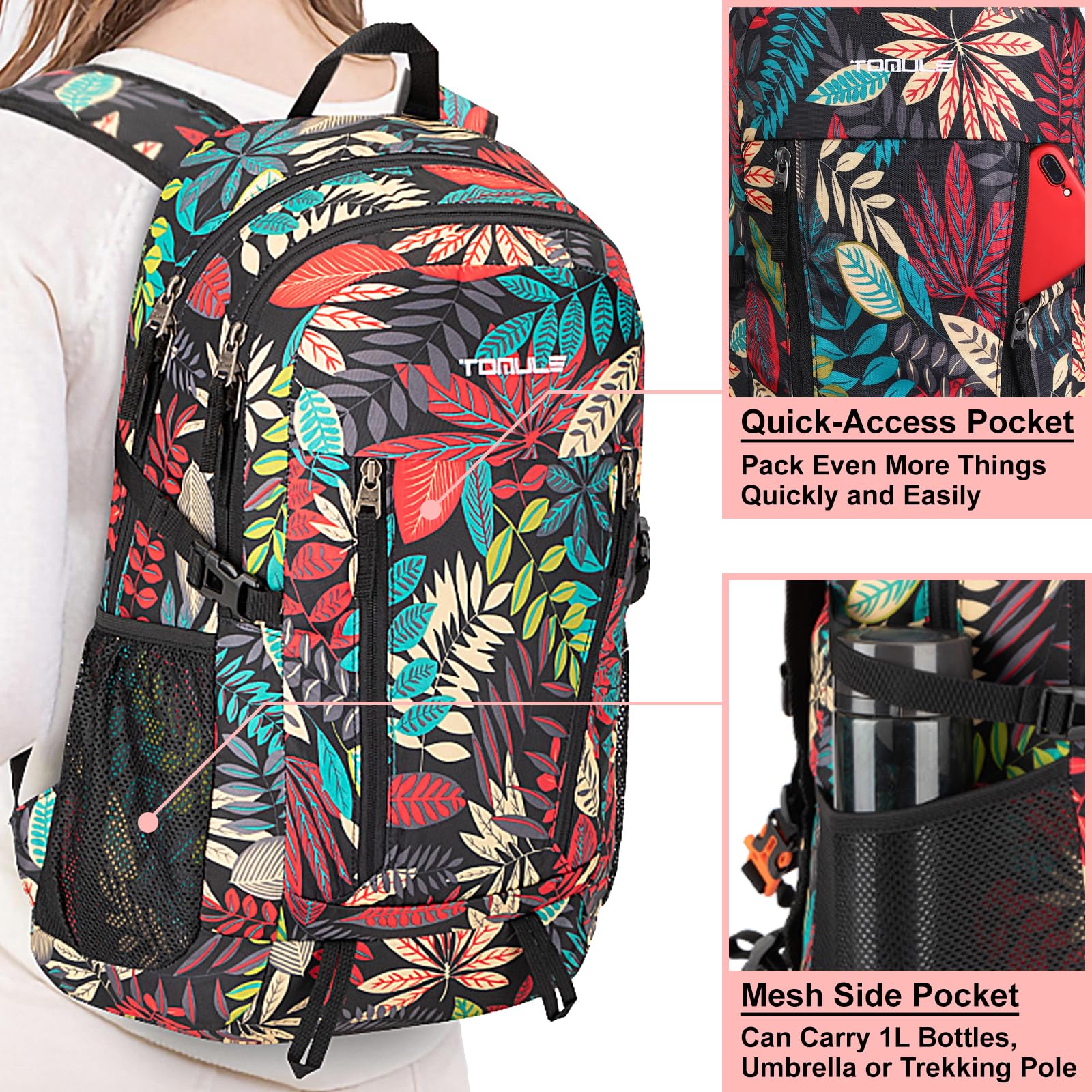 TOMULE Camping Hiking Daypacks, 40L Lightweight Packable Hiking Backpack Travel Backpack for Women Men