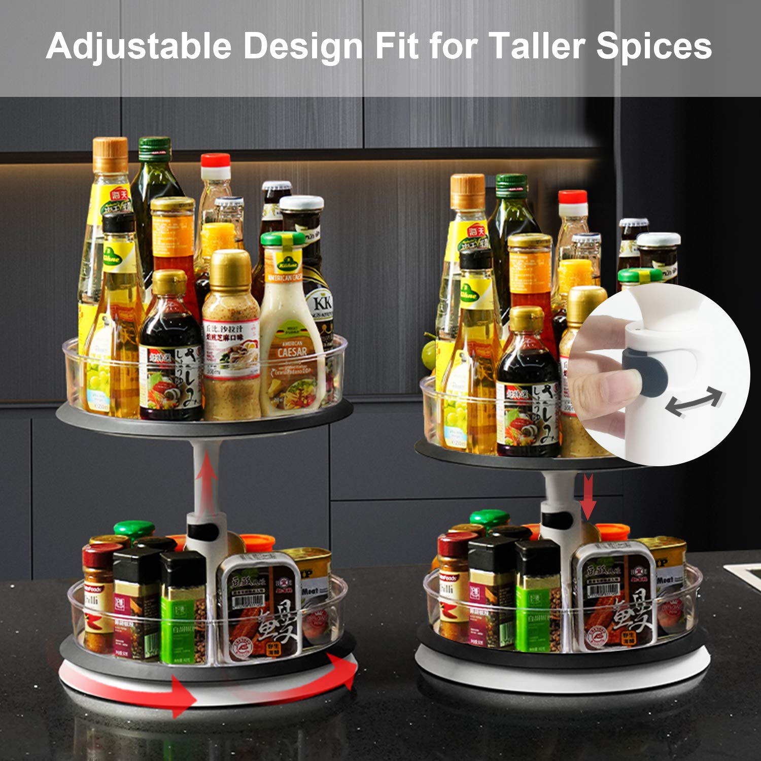 2 Tier Lazy Susan Turntable Kitchen Spice Rack Organizer for Cabinet Rotating Carousel Lazy Susan for Table Spice Storage Pantry Organization Height Adjust & Detachable Large Plastic Clear Bins