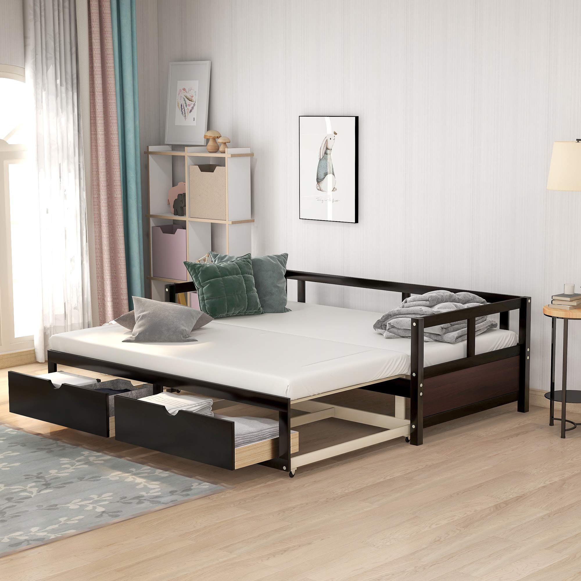 LERFAN Wooden Daybed Extendable Bed with Trundle Bed and Two Storage Drawers, can be Expanded from Twin Size to King Size, 78.2" L x 79" W x 23.2" H Espresso