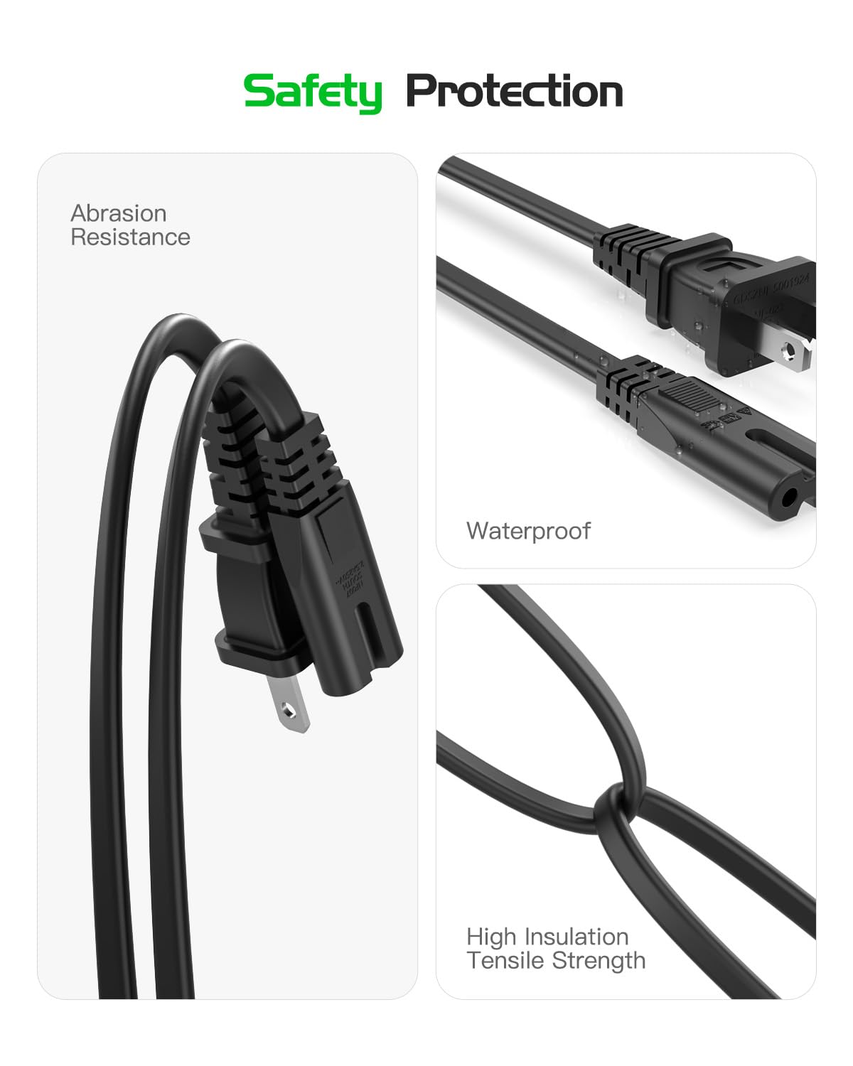 2 Prong TV Power Cord Cable Replacement for LG TCL Samsung Insignia Sony Sharp JVC Toshiba Hisense Roku LCD LED Smart HD TV