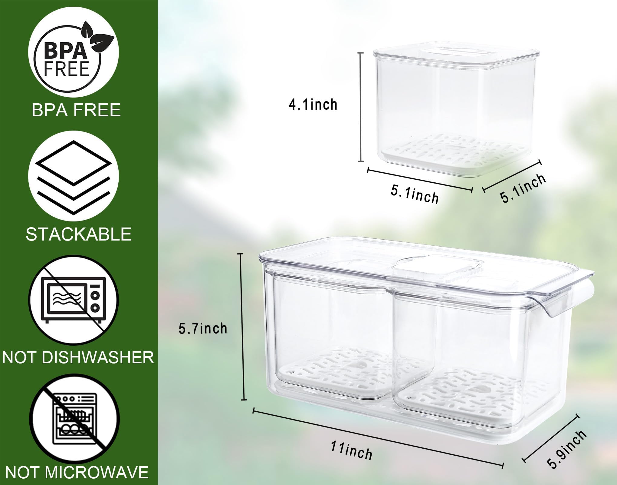 REFSAVER Fridge Storage Containers Produce Saver Stackable Refrigerator Organizer Bins with Removable Drain Tray Fridge Organizer for Fruits and Vegetables 3 Pack