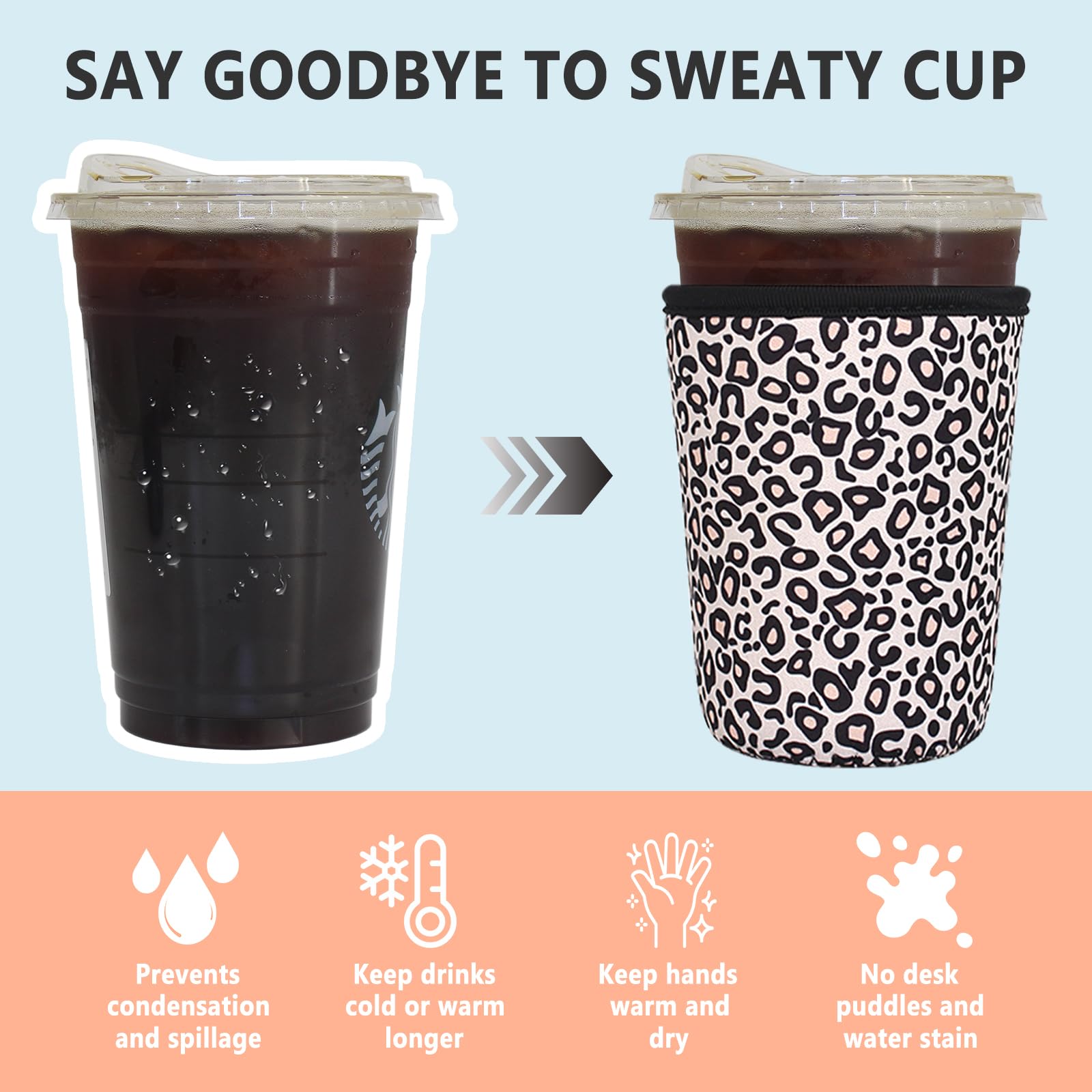 3 Pack Reusable Iced Coffee Sleeves - Xumbtvs Insulator Sleeve for Cold Beverages, Neoprene Cup Holder for Starbucks Coffee, Dunkin Coffee, More(Leopard print)
