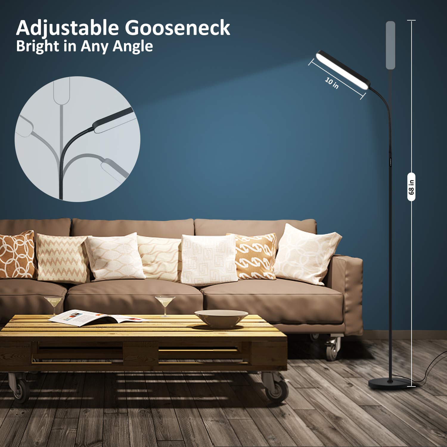 Wio-Mio Led Floor Lamp with 4 Color Temperature and Stepless Dimmer, Remote and Touch Control Floor Lamp, Adjustable Gooseneck Standing Lamp for Living Room