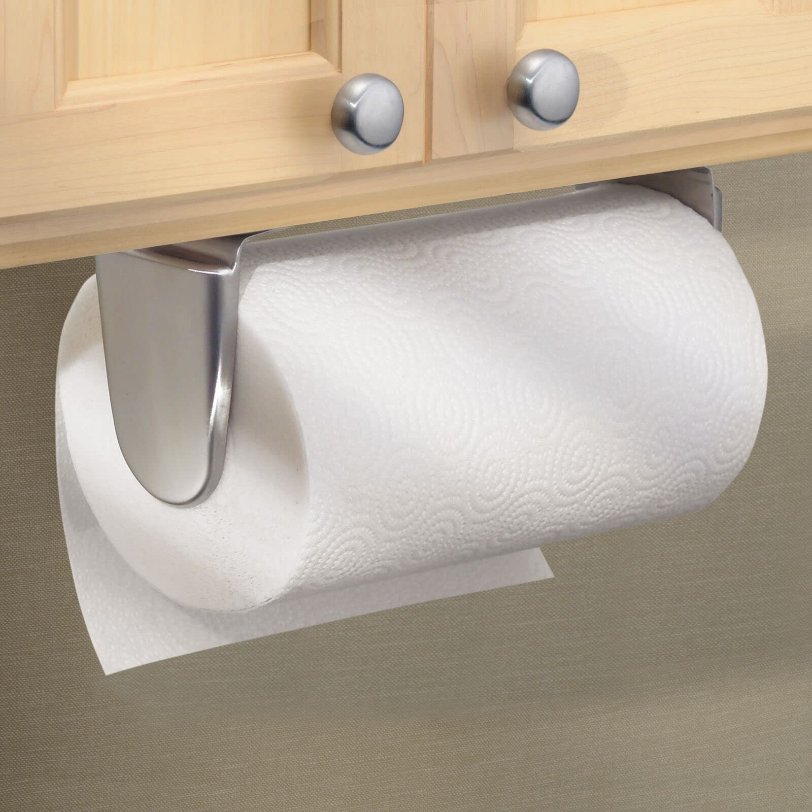 mDesign Metal Wall Mounted Paper Towel Holder Dispenser for Walls or Under Cabinet in Kitchen, Pantry, Cupboard, Sink Storage, Holds Jumbo Rolls - Omni Collection - Brushed Stainless Steel