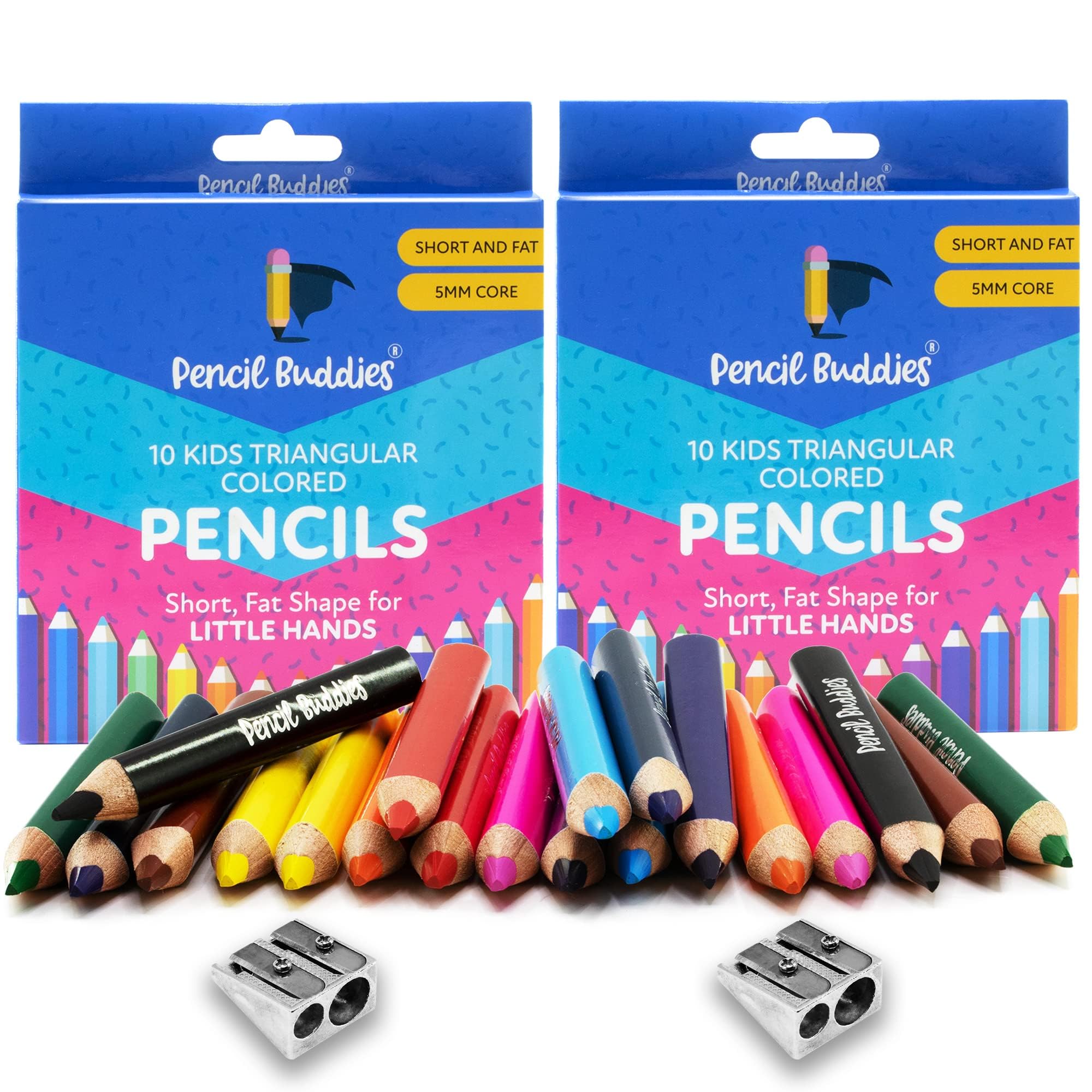 Short Fat Colored Pencils for Kids - 10 Triangle Jumbo Color Pencils for Ages 2-6, Preschool, Toddlers & Beginners, Color Pencils for Kids - Pre Sharpened Toddler Coloring Pencils Set With Sharpener