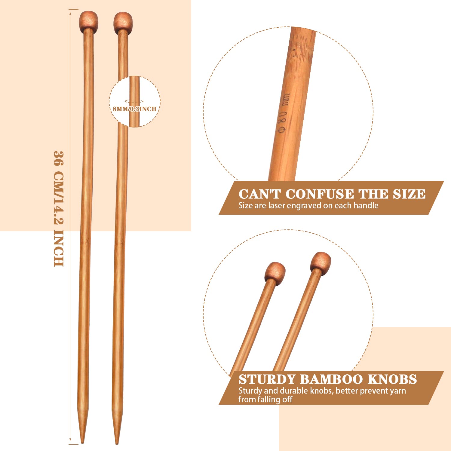 2 Pcs Bamboo Knitting Needles Set Straight Single Pointed Knitting Needle Length 14 Inch Knitting Supplies Knitting Needles for Beginners Handmade (8 mm)