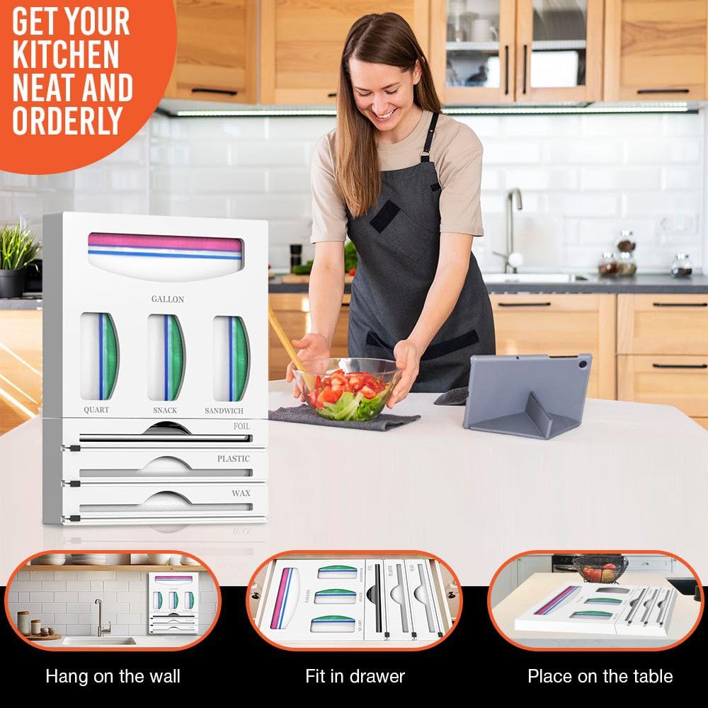 White Ziplock Bag Storage Organizer for kitchen Drawer | Plastic Wrap Organizer Dispenser with Cutter| Bamboo Ziploc Baggie Holder | Compatible with Ziploc Baggie Organizer | Bamboo Plastic Bag Dispenser for Gallon, Quart, Snack Sandwich bags & Plastic Fo