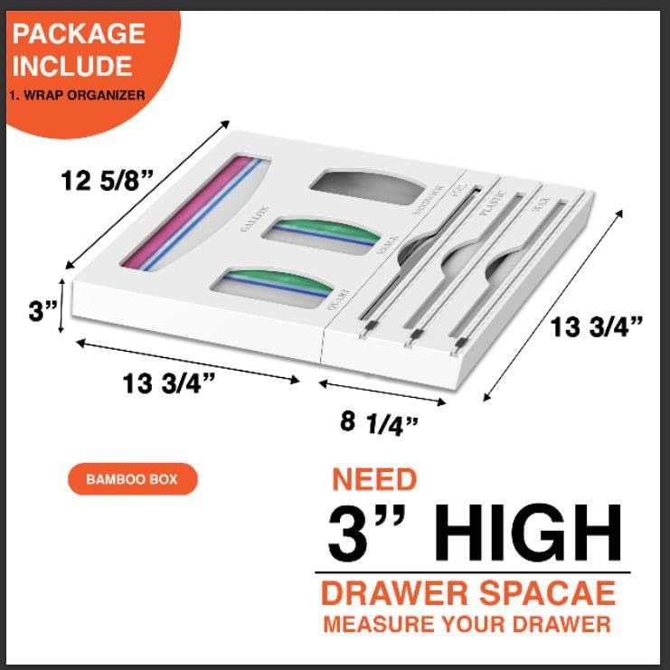 White Ziplock Bag Storage Organizer for kitchen Drawer | Plastic Wrap Organizer Dispenser with Cutter| Bamboo Ziploc Baggie Holder | Compatible with Ziploc Baggie Organizer | Bamboo Plastic Bag Dispenser for Gallon, Quart, Snack Sandwich bags & Plastic Fo